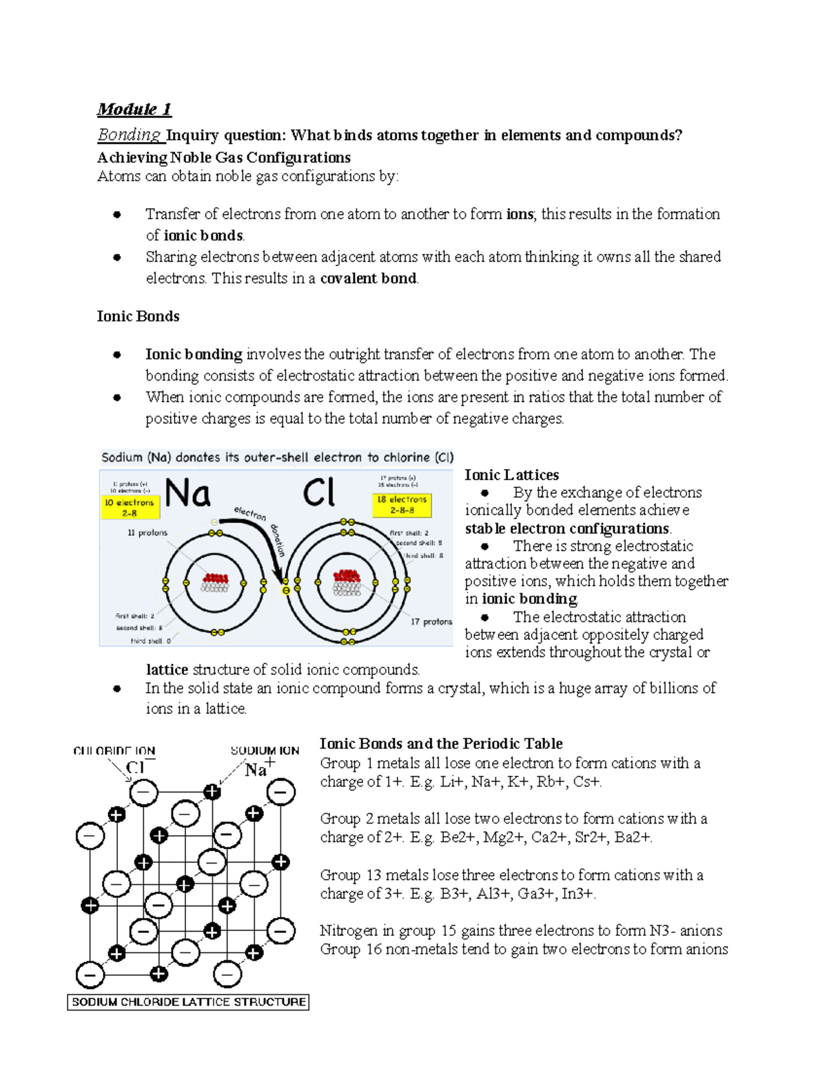 CHEM notes - Mod 1-4 - Module 1 Bonding Inquiry question: What binds ...