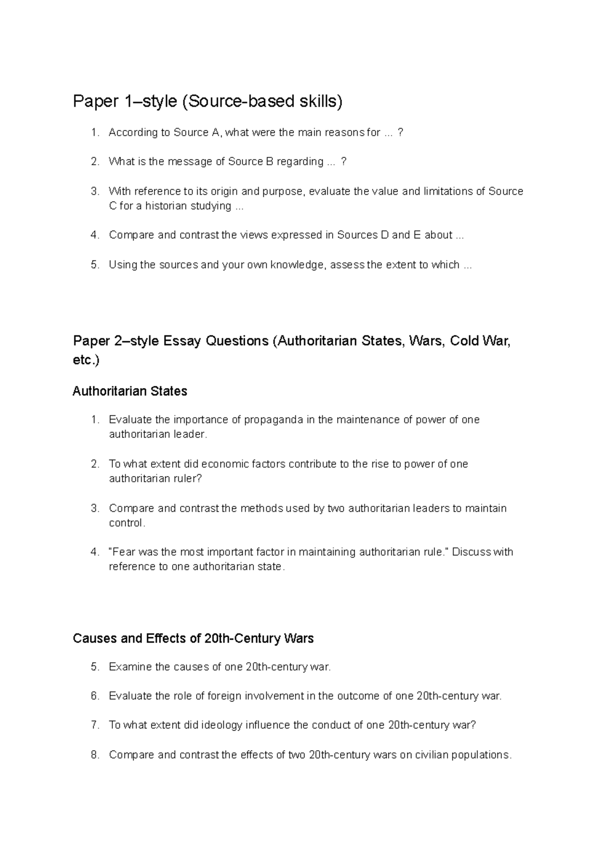 History IB - Practice Essay Questions on Authoritarian States & Wars ...