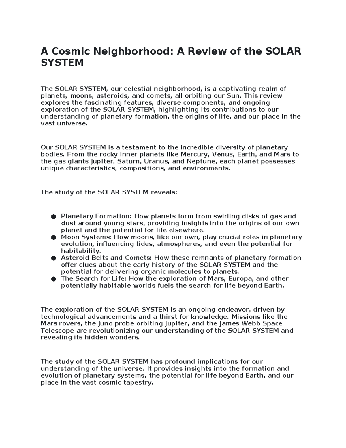 Reviewer 10 - A Cosmic Neighborhood: A Review of the SOLAR SYSTEM The ...