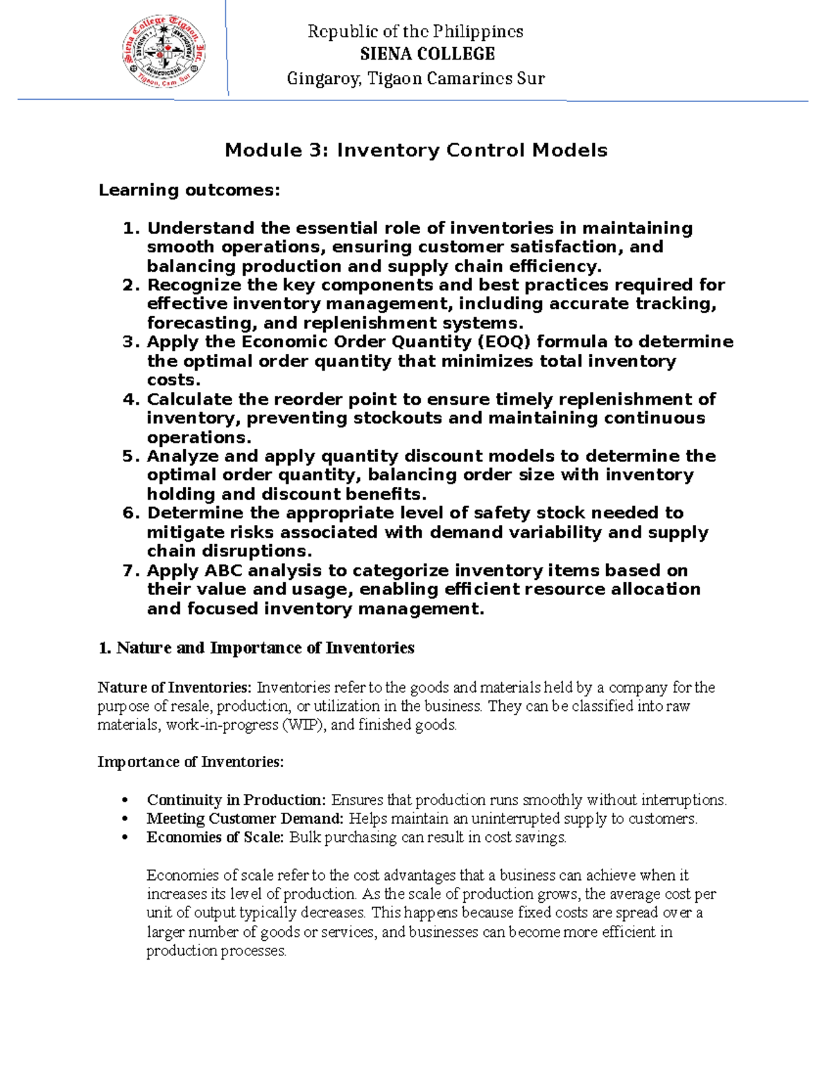 Module 3: Key Concepts in Inventory Control Models (ICM 101) - Studocu