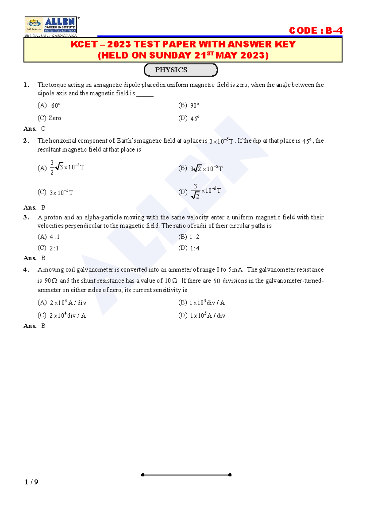 KCET 2023 PHYSICS TEST PAPER & ANSWER KEY (MAY 21, 2023) - Studocu