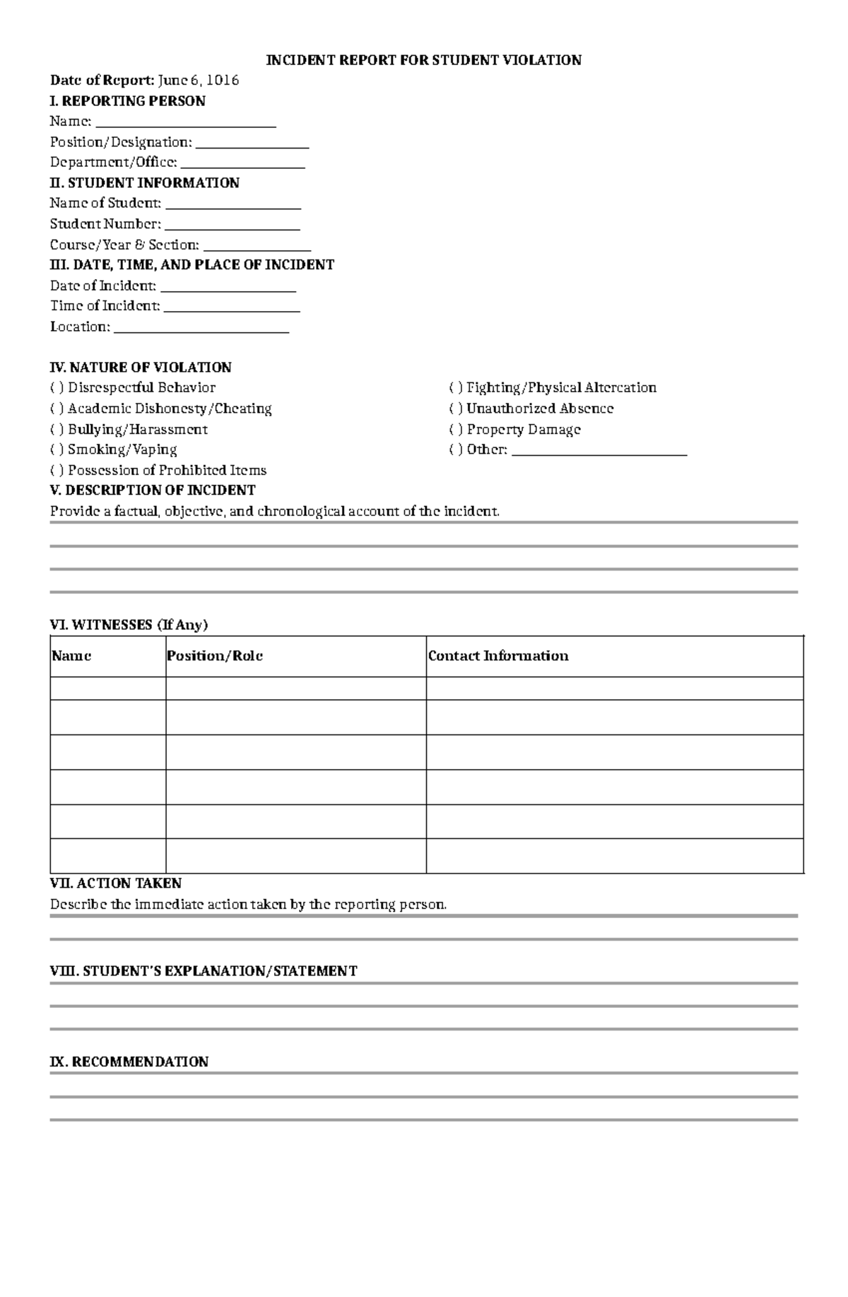 Incident Report for Student Violation - June 6, 2016 - Studocu