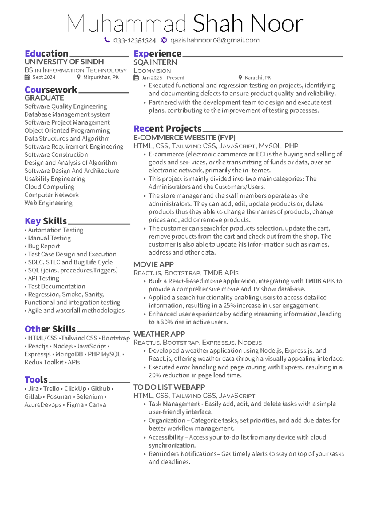 Shah Noor Resume: SQA Intern Experience & Key Skills in IT (BS) - Studocu