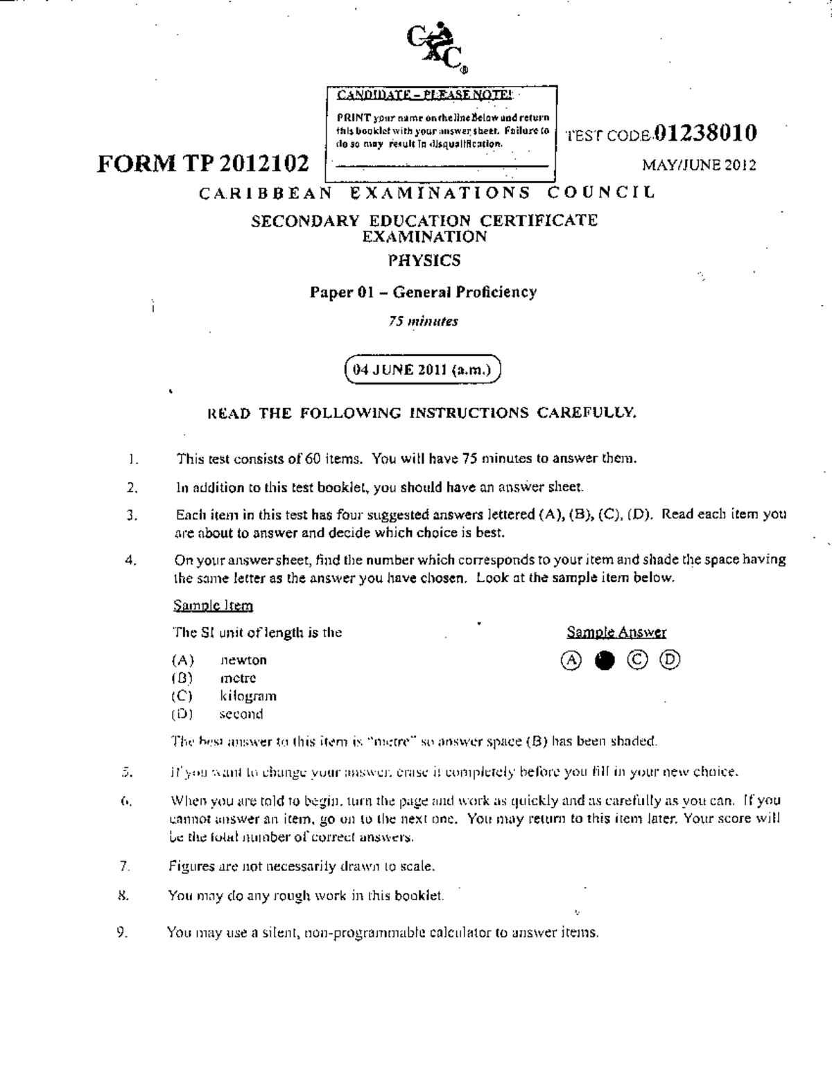 CSEC Physics Paper 01 General Proficiency Exam June 2012 - Studocu