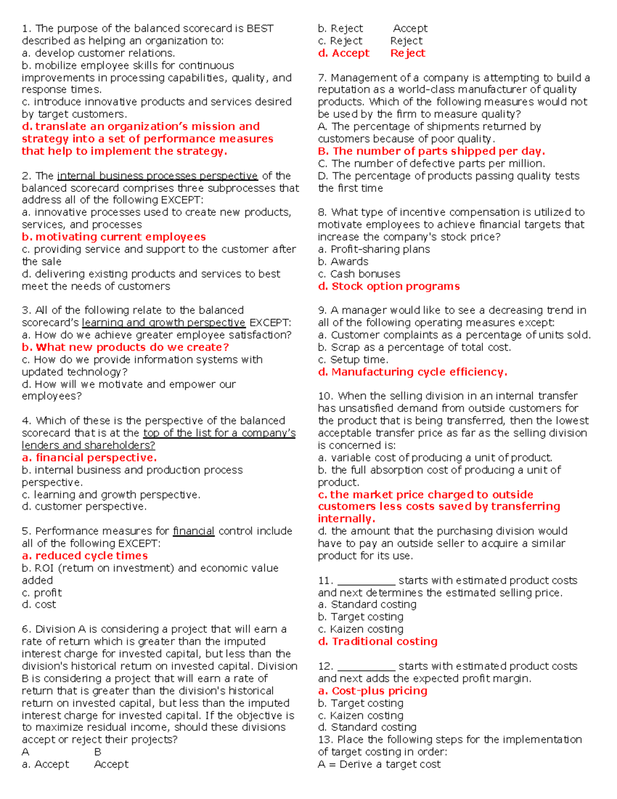 MAS Quiz Practice: Balanced Scorecard Concepts and Answers - Studocu