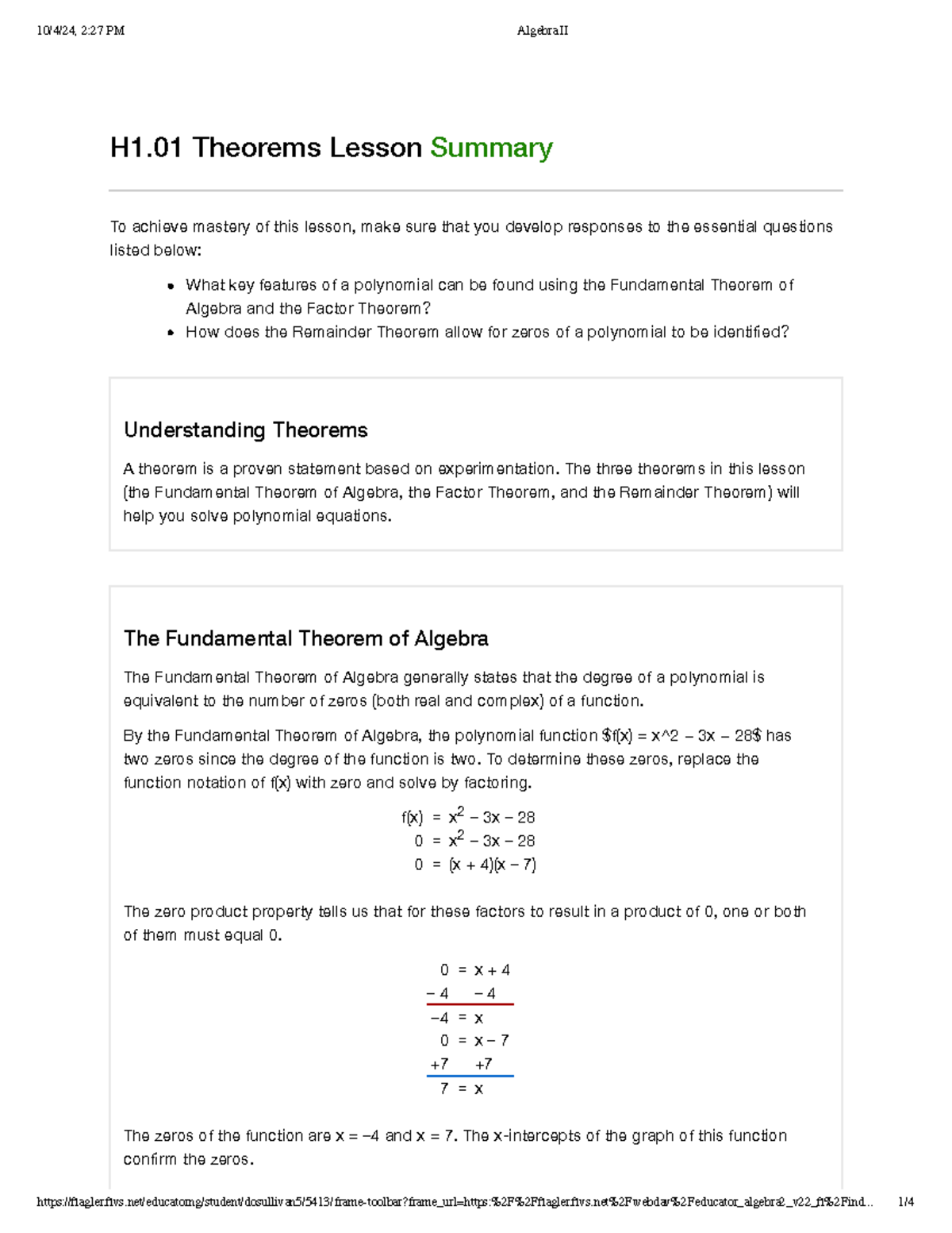 H1.01 lesson summary - math - H1 Theorems Lesson Summary To achieve ...