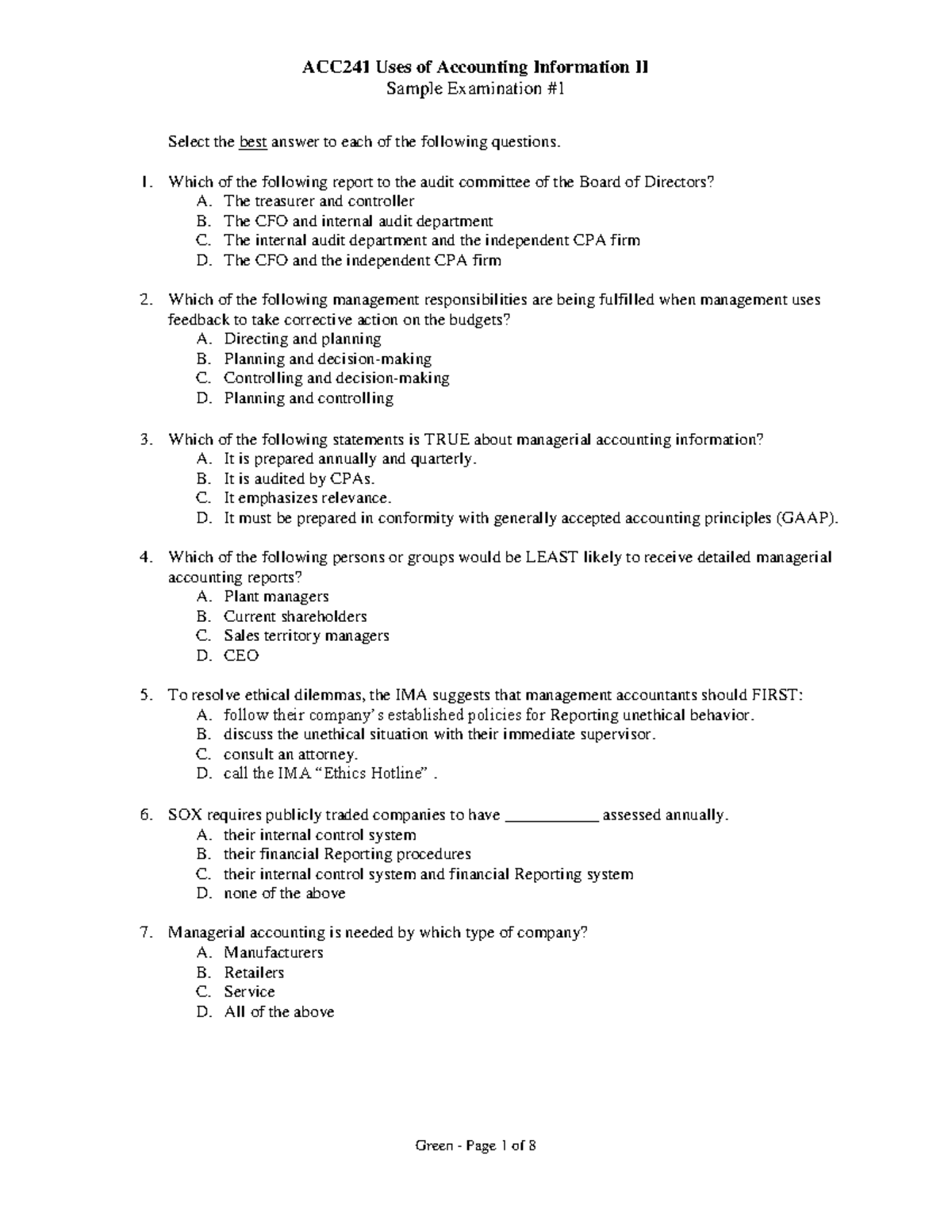 ACC241 Exam #1 Sample - Sample Examination Select the best answer to ...