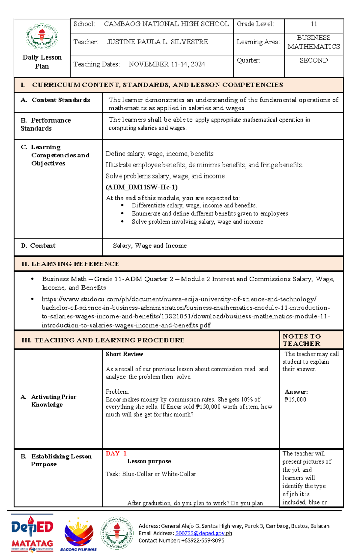 DLP BM11 - Q2 Week 5 Salary, Wages, and Benefits Lesson Plan - Studocu