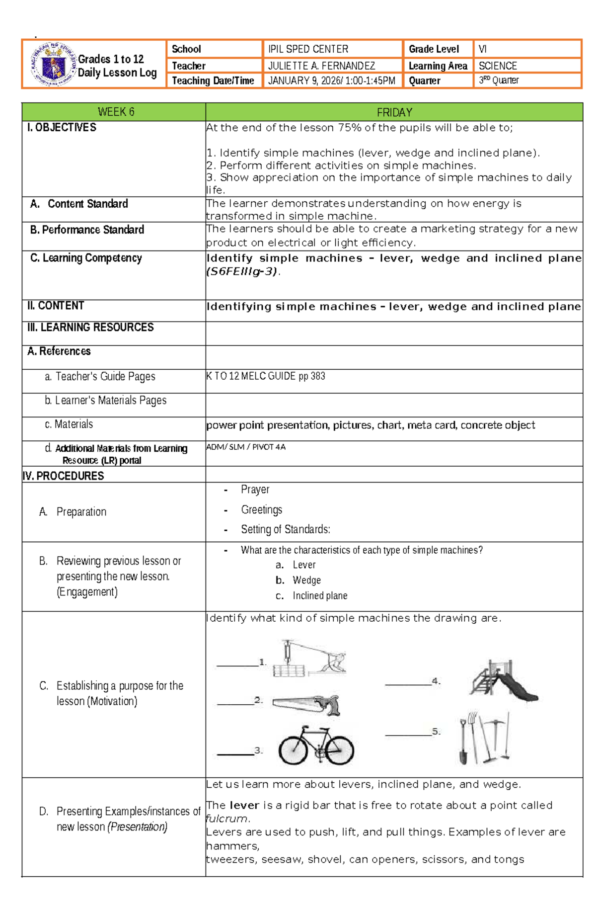 Grade VI Science Daily Lesson Log: Simple Machines Overview - Studocu