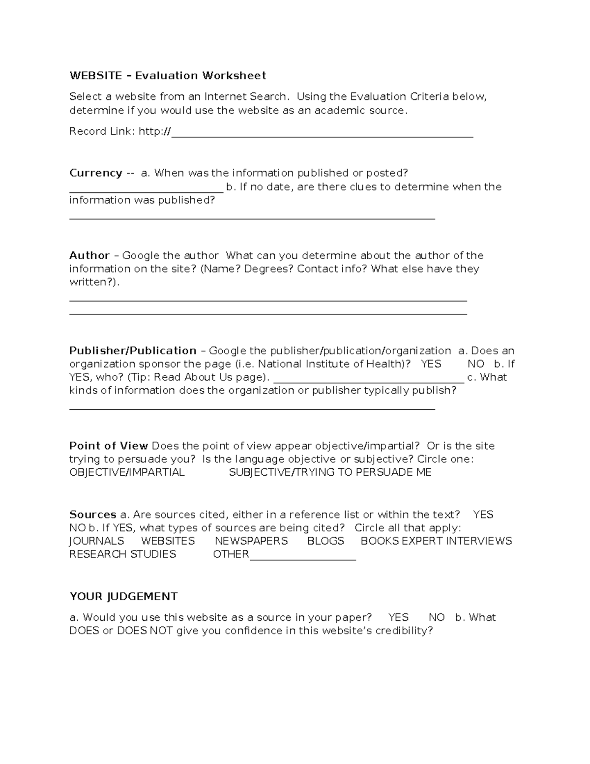 WEBSITE Evaluation Worksheet for 1102 Individual Work Week 1 - Studocu