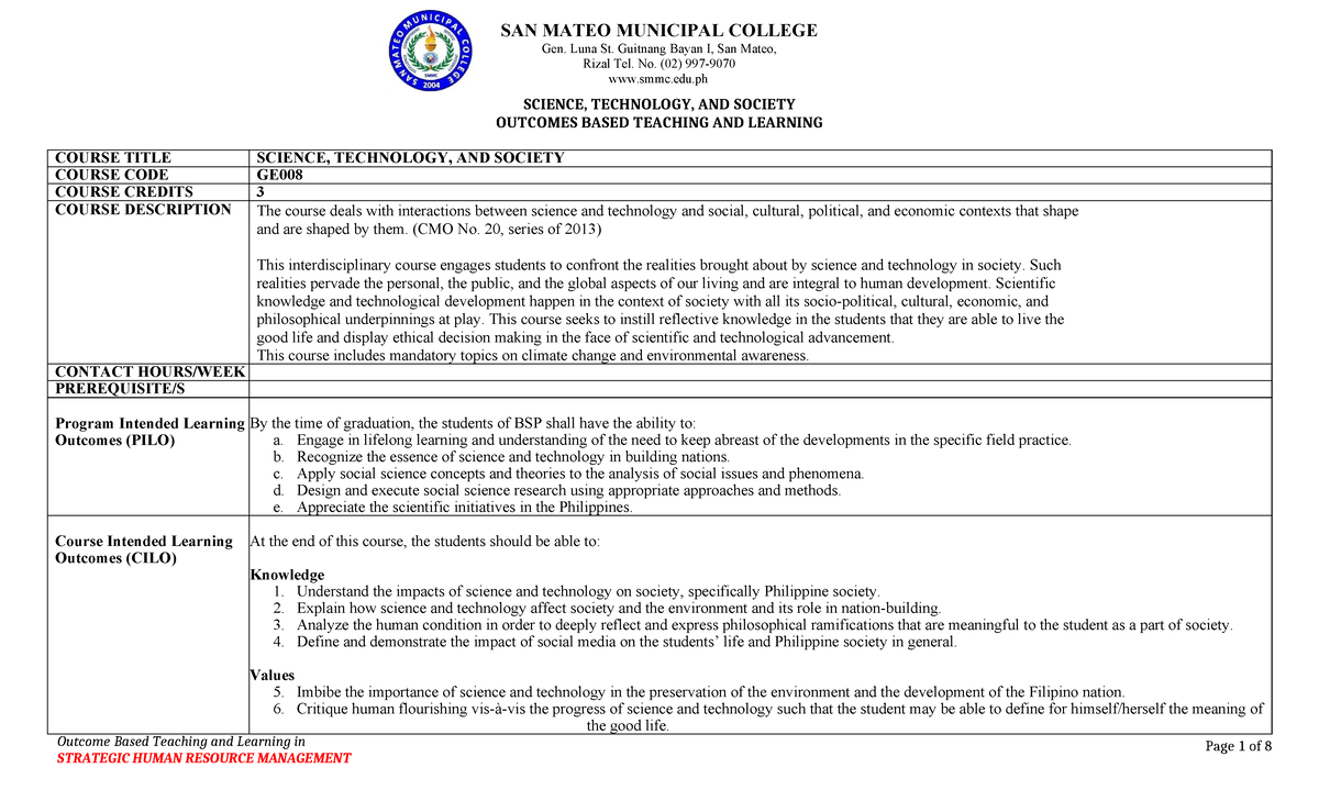 BSP - GE - Science, Technology, and Society Course Syllabus & Outline ...