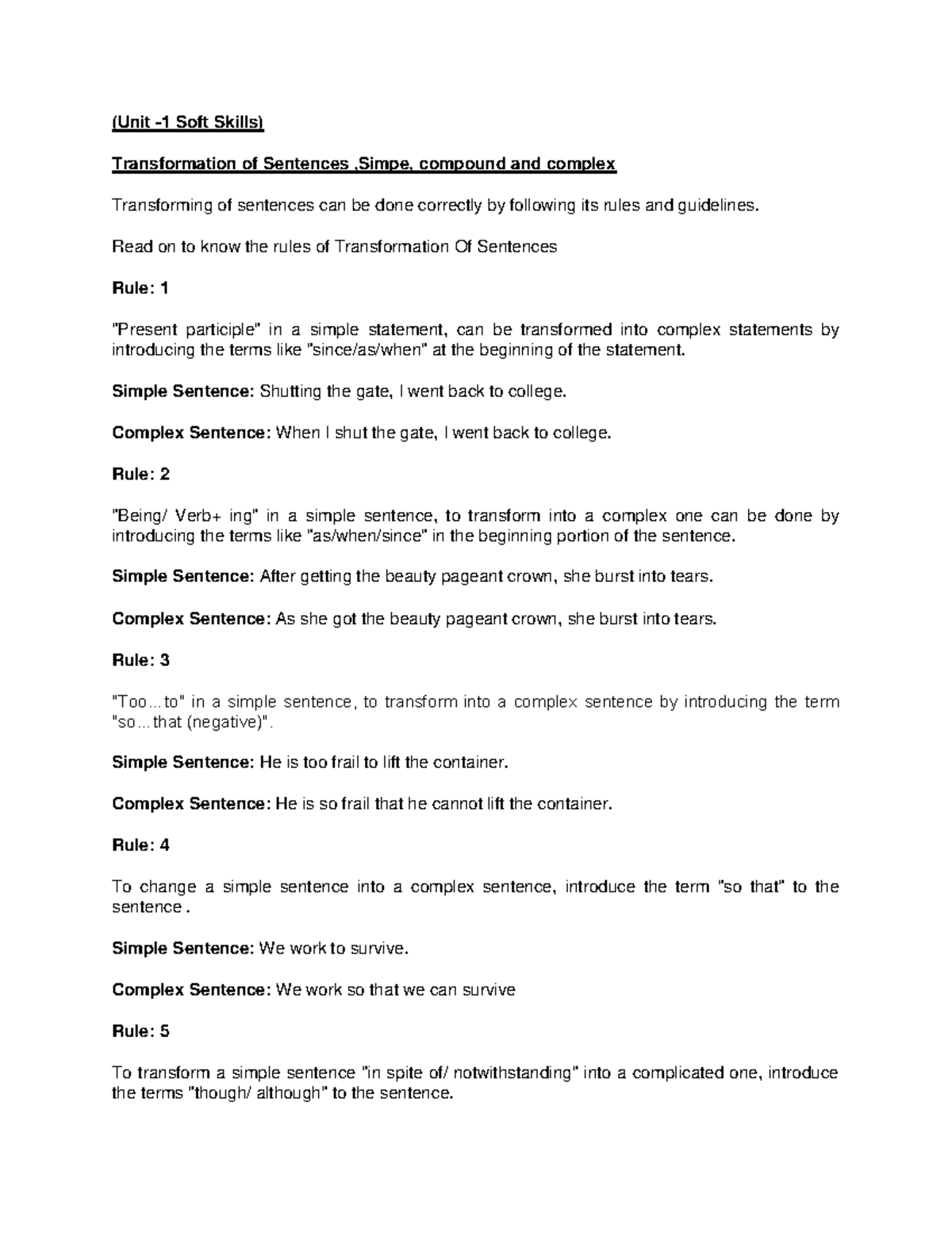 Soft Skills Unit 1: Transformation of Sentences and Word Formation ...