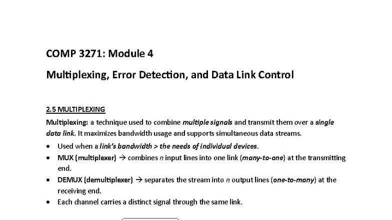 COMP 3271: Module 4 - Multiplexing, Error Detection & Data Link Control - Studocu