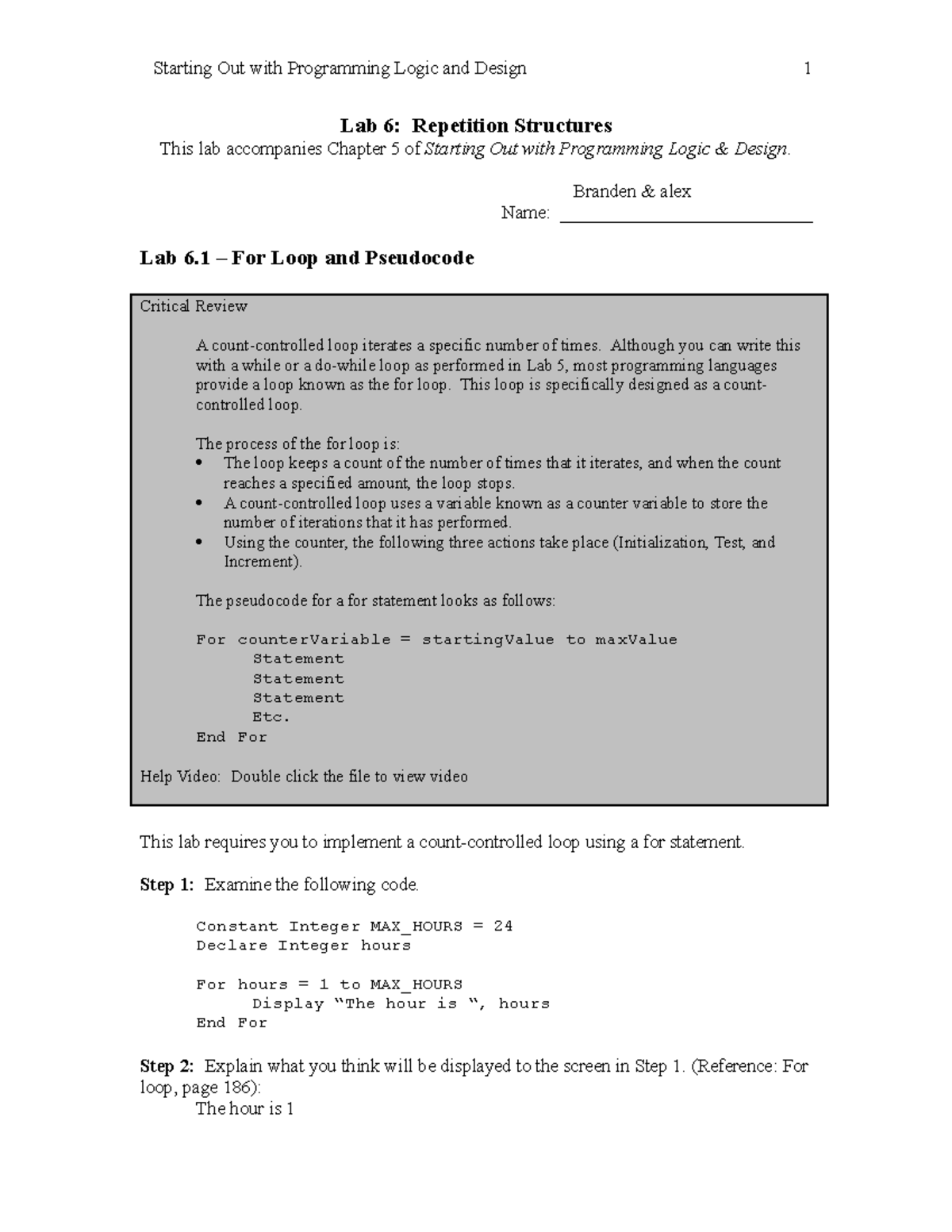 Lab 6 student - lab works for cs 111. - Lab 6: Repetition Structures ...