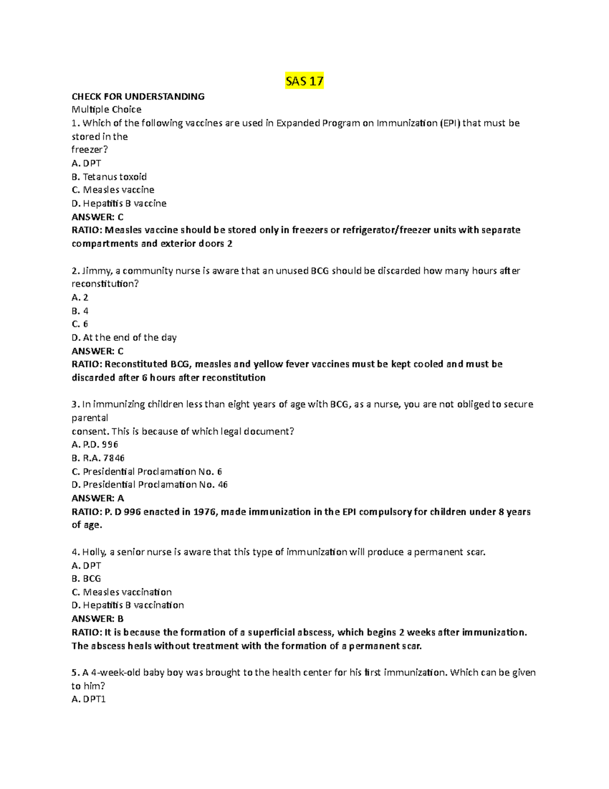 CHN SAS 17 - sas work - SAS 17 CHECK FOR UNDERSTANDING Multiple Choice Which of the following ...