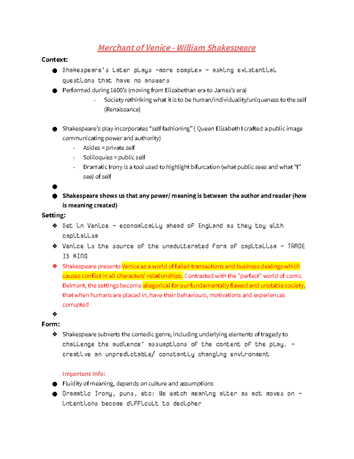 Merchant of Venice (ENG123) - Comprehensive Study Notes - Studocu