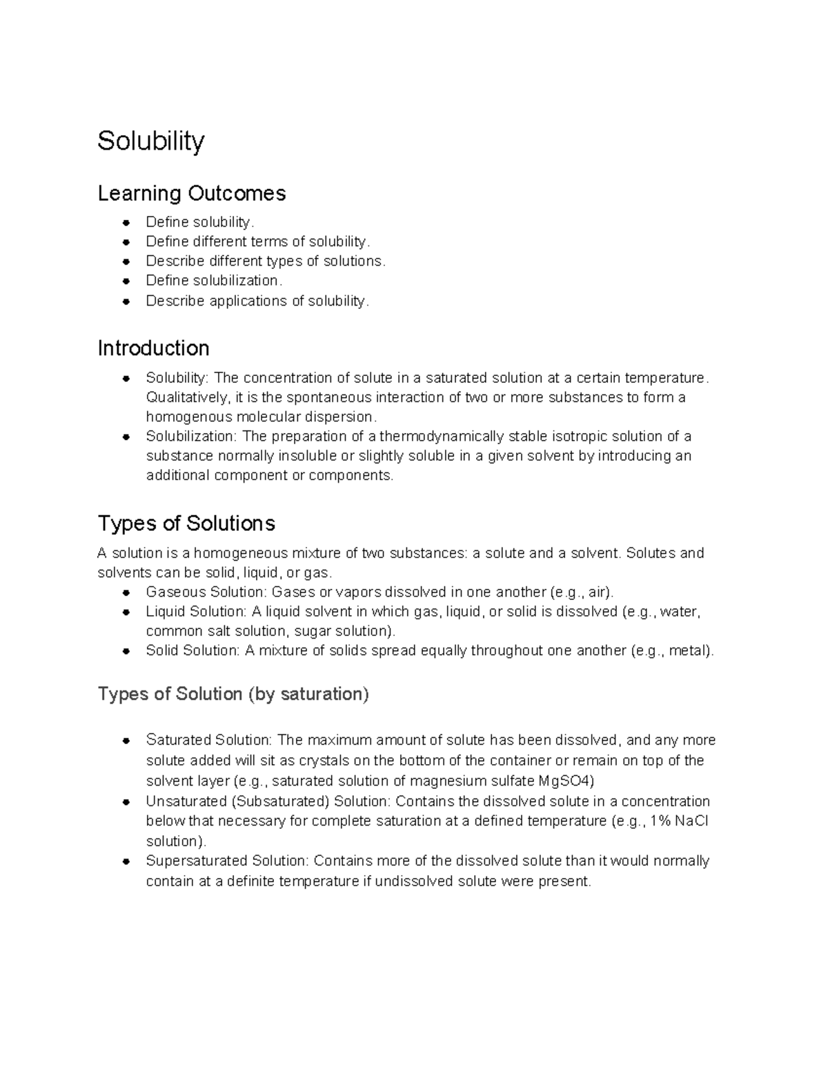 Solubility Concepts and Applications: Learning Outcomes and Types - Studocu