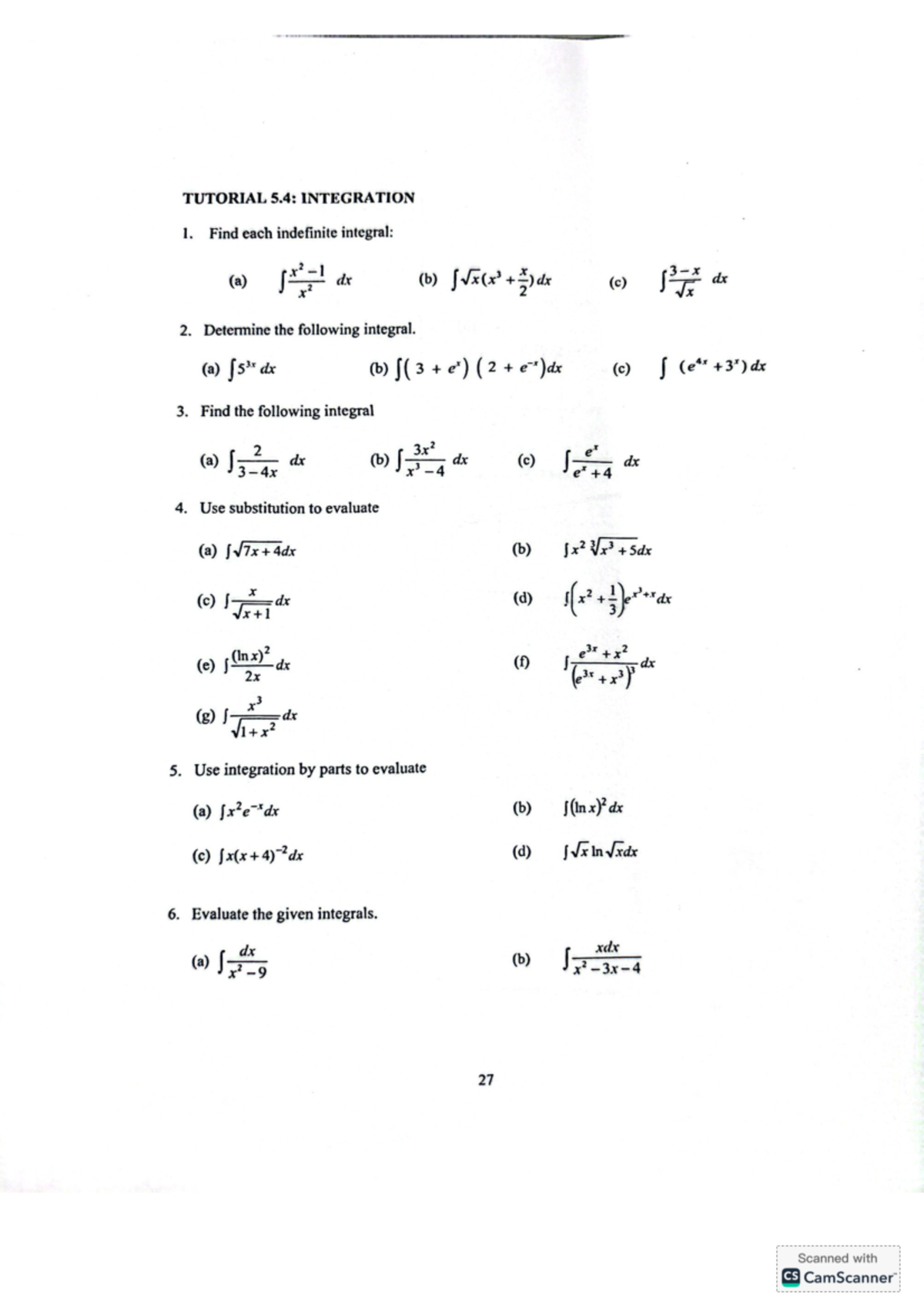 Chapter 5 Integration - TUTORIAL 5: INTEGRATION 1. Find each indefinite ...