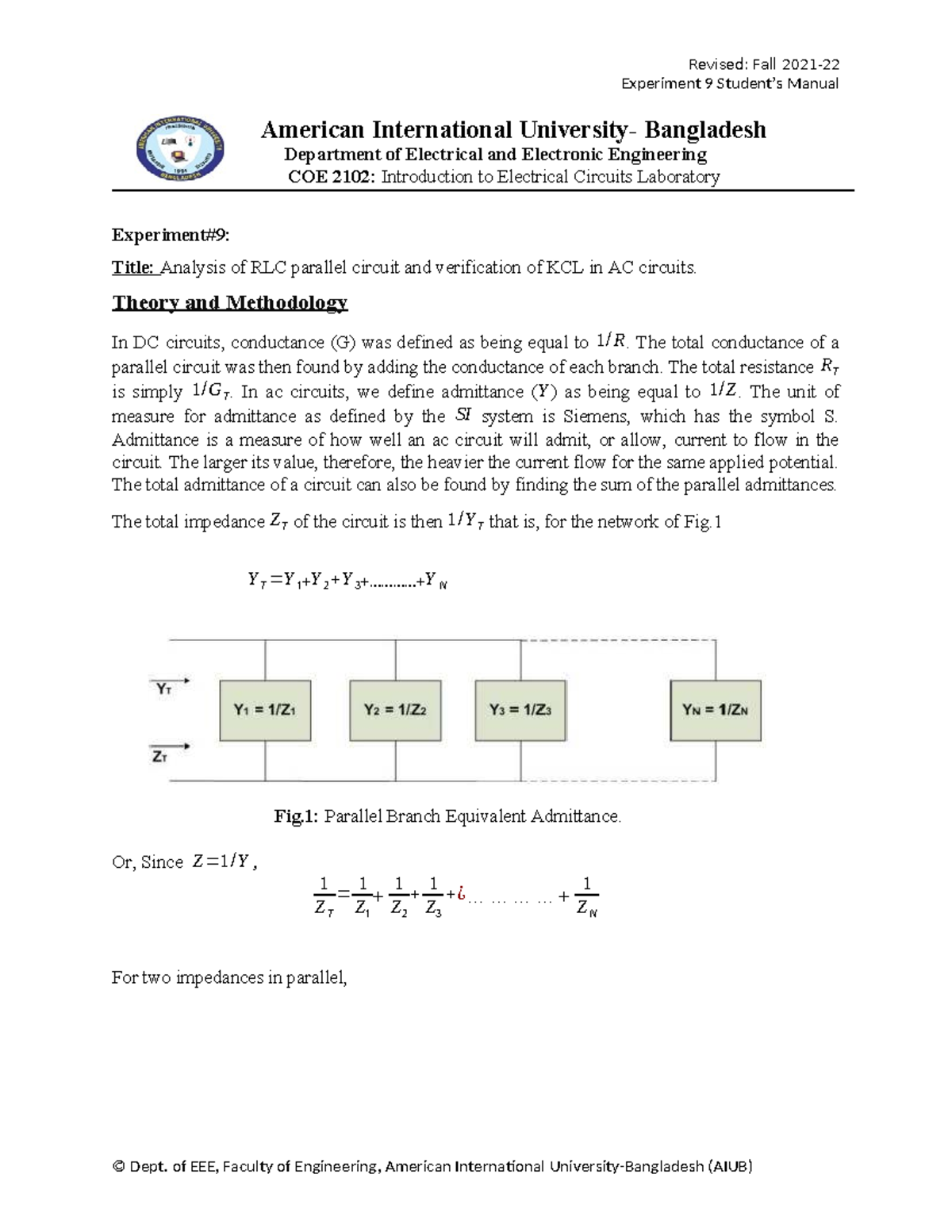 COE 2102: Fall Experiment 9 Manual on RLC Parallel Circuits Analysis ...