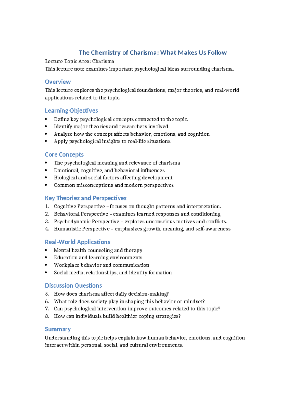 05 Lecture Notes: The Psychology of Charisma and Its Impact - Studocu