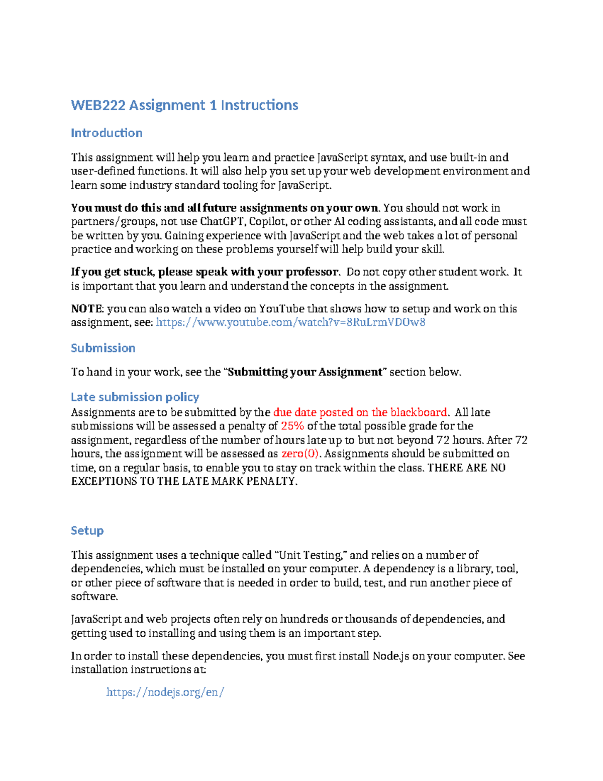 WEB222 Assignment 1: JavaScript Syntax & Environment Setup Instructions - Studocu