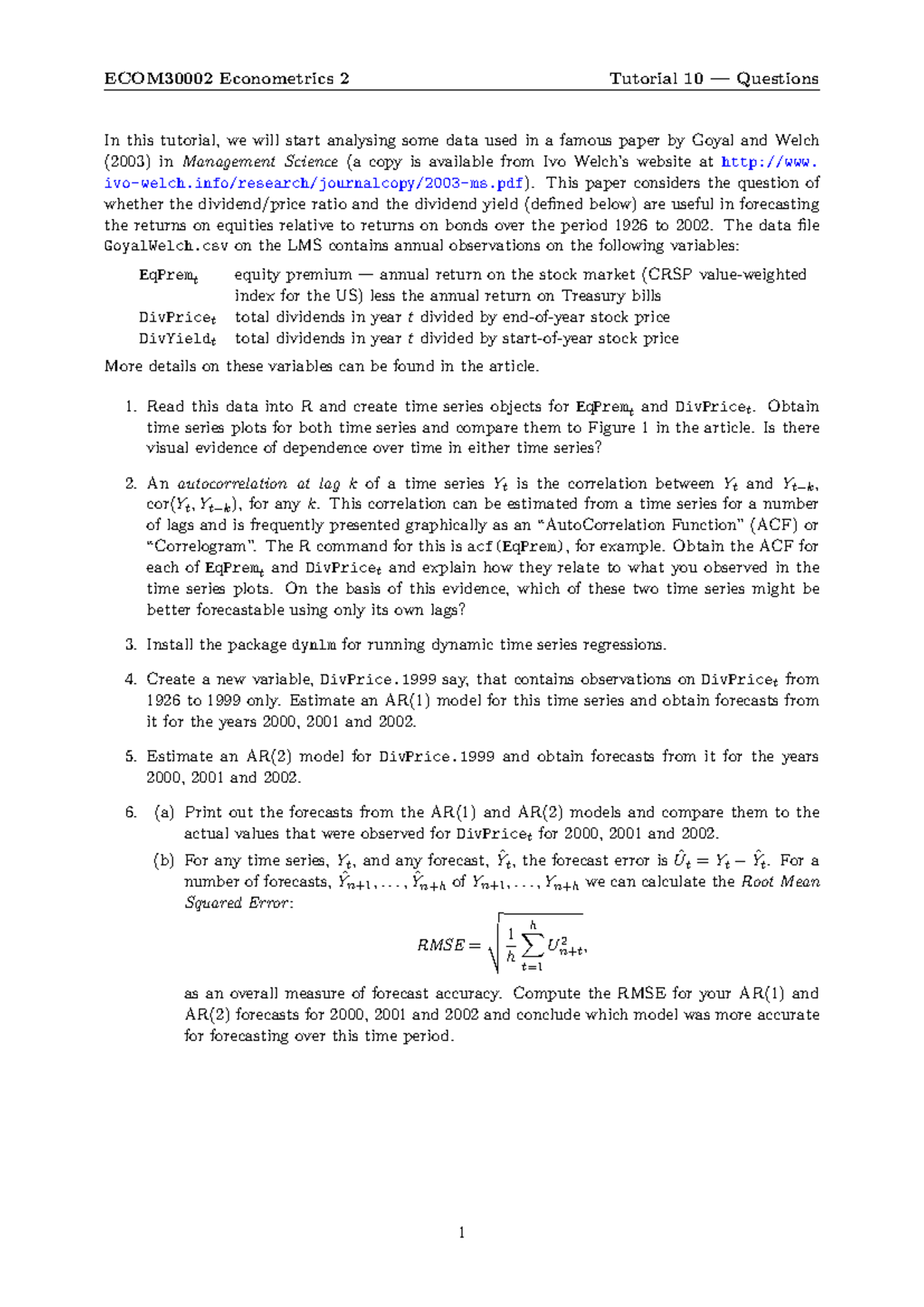 Econometrics 2 Tutorial 10: Data Analysis & Forecasting Techniques ...