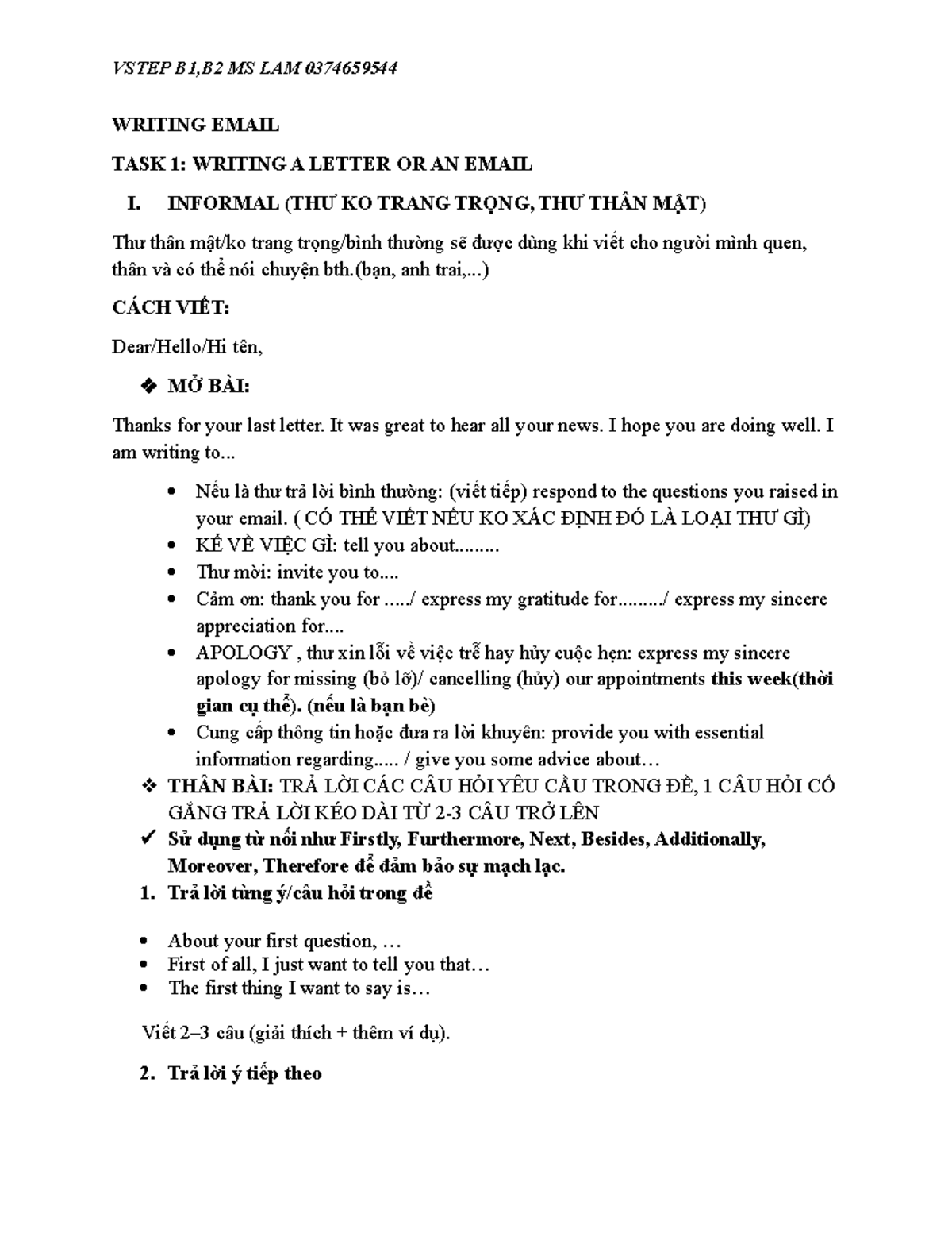 VSTEP B1,B2 Email Writing Template by MS LAM 0374659544 - Studocu