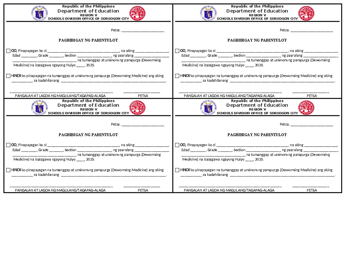 Deworming Consent Form - Department of Education Region V - Studocu