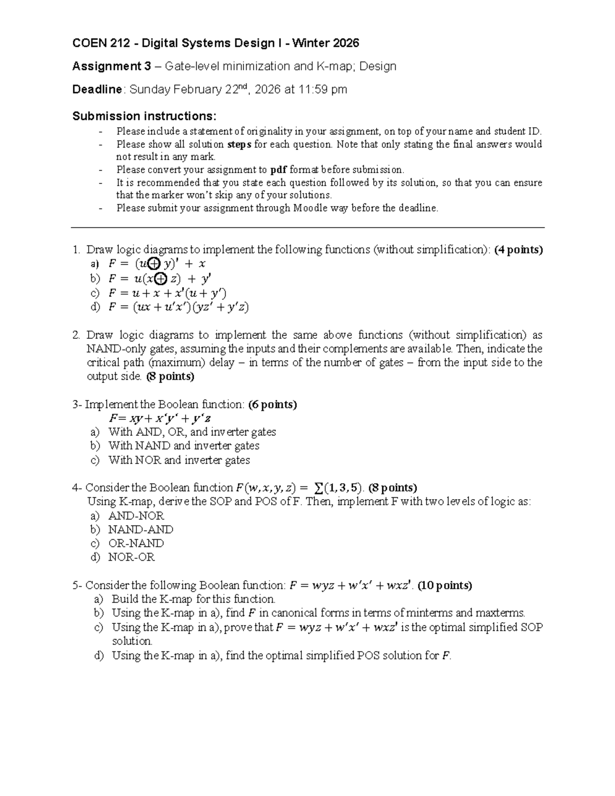 COEN 212 Digital Systems Design I Winter 2026 Assignment 3: Logic ...