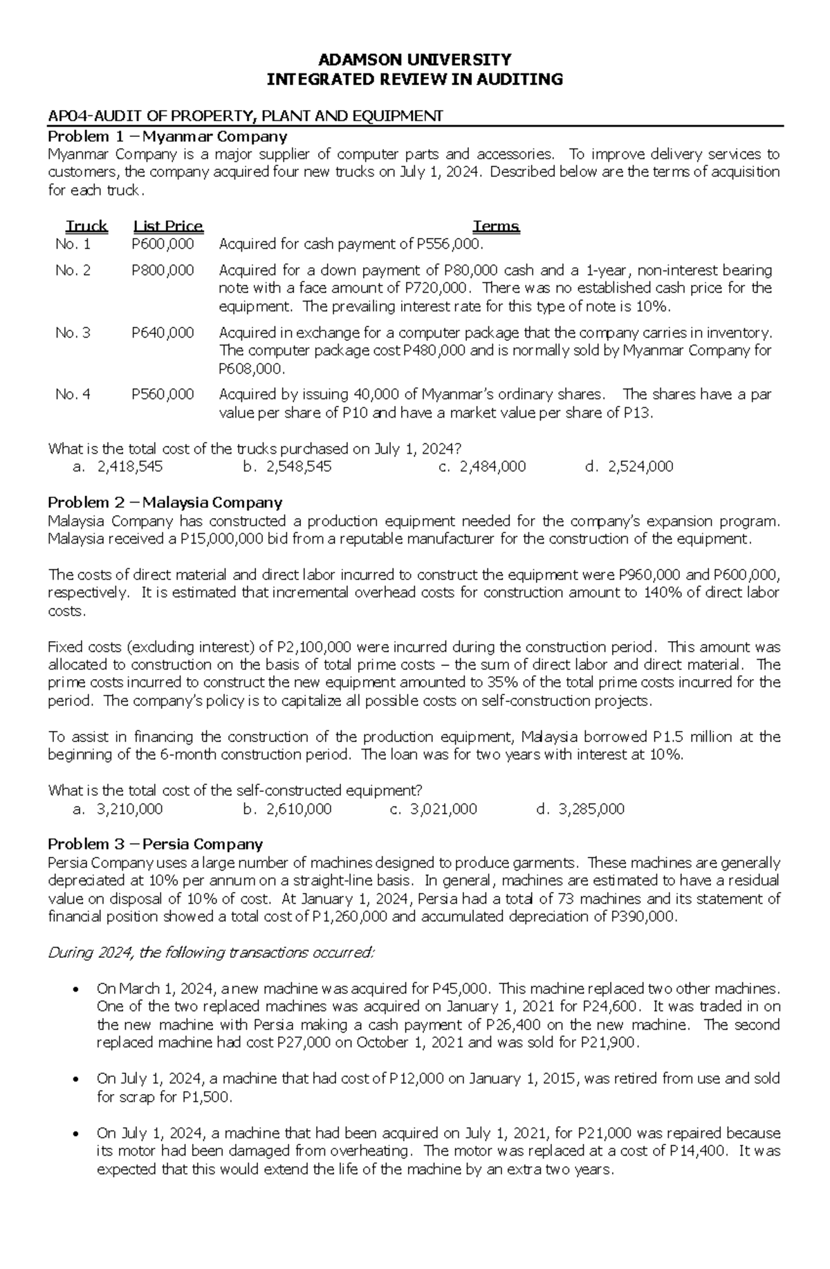 ADAMSON UNIVERSITY AUDITING LECTURE ON PROPERTY, PLANT & EQUIPMENT ...