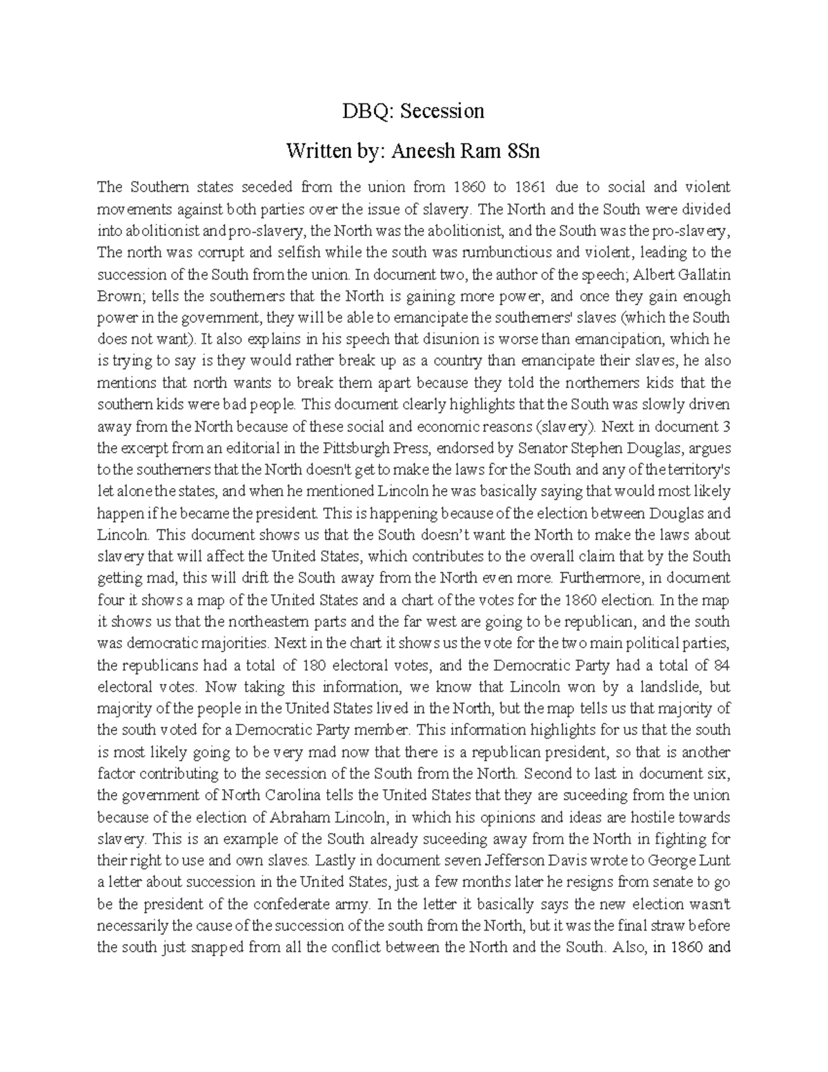 DBQ: Secession Analysis (HIST 101) - Causes of Southern Withdrawal ...