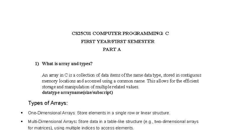 CS25C01 Computer Programming: C First Semester - Key Concepts and Q&A - Studocu