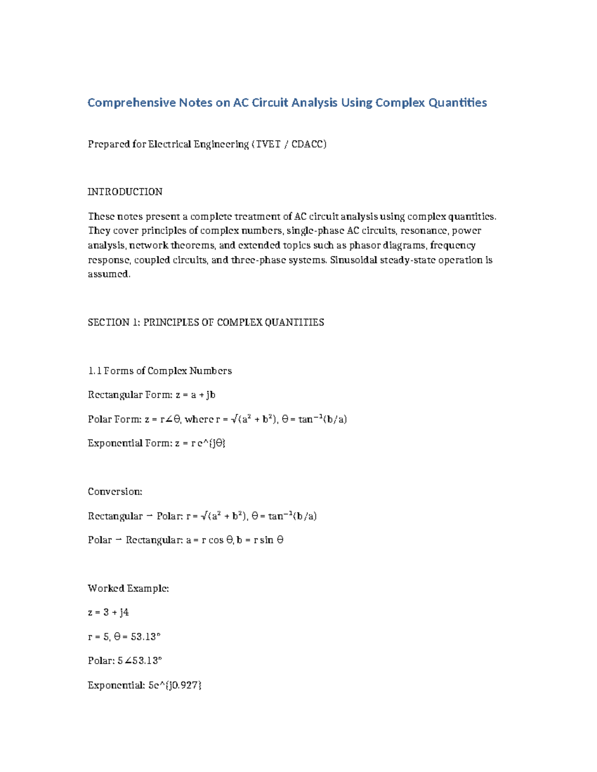 Comprehensive AC Circuit Analysis Notes for EE (TVET CDACC) - Studocu