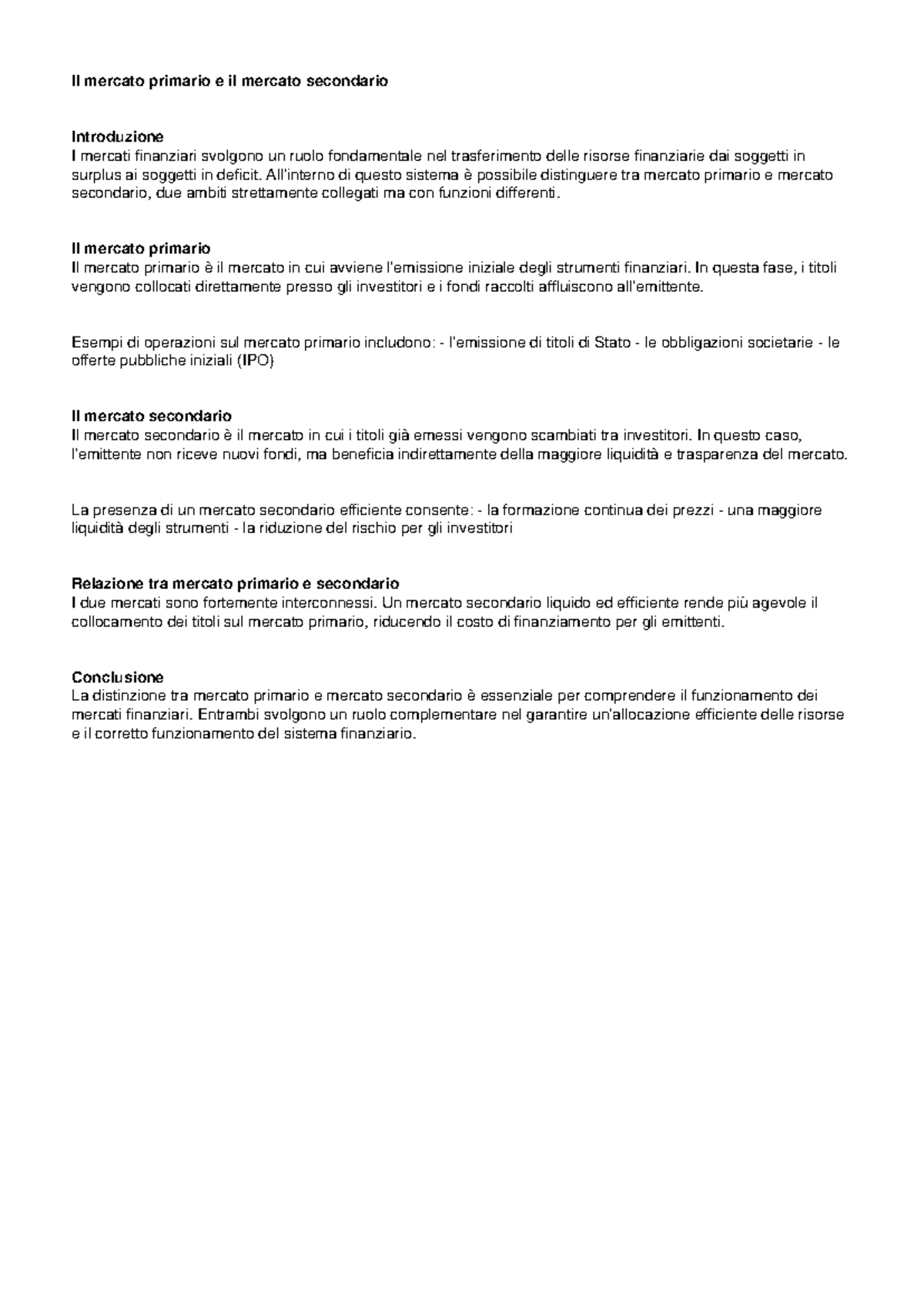 Mercato Primario e Secondario: Introduzione ai Mercati Finanziari - Studocu