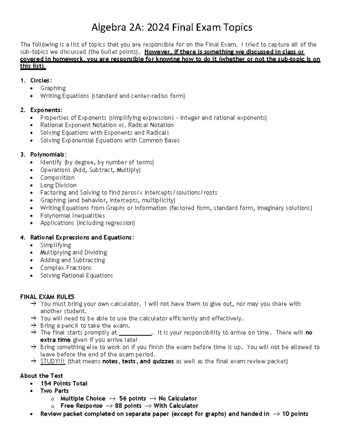 Algebra 2A: 2024 Final Exam Review Packet (Long Version) - Studocu