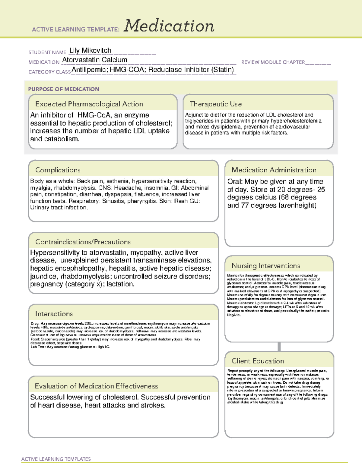 Med Card- Atorvastatin Calcium - ACTIVE LEARNING TEMPLATES Medication ...