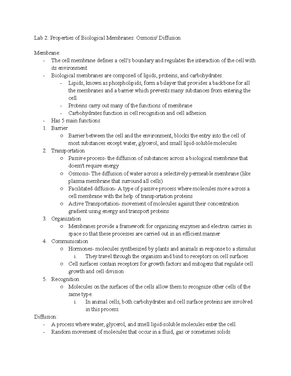 Bio Lab Quiz Notes - Google Docs - Lab 2: Properties of Biological ...