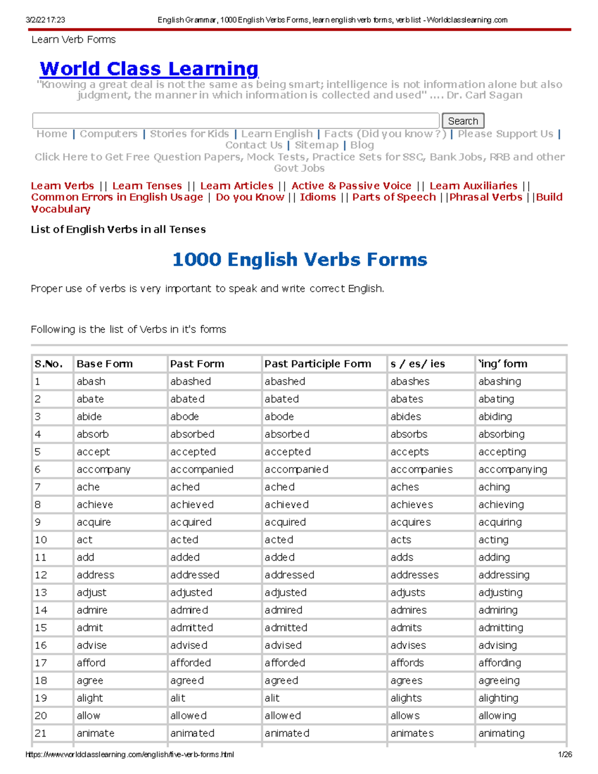 Verb list - verbos - Learn Verb Forms World Class Learning "Knowing a ...