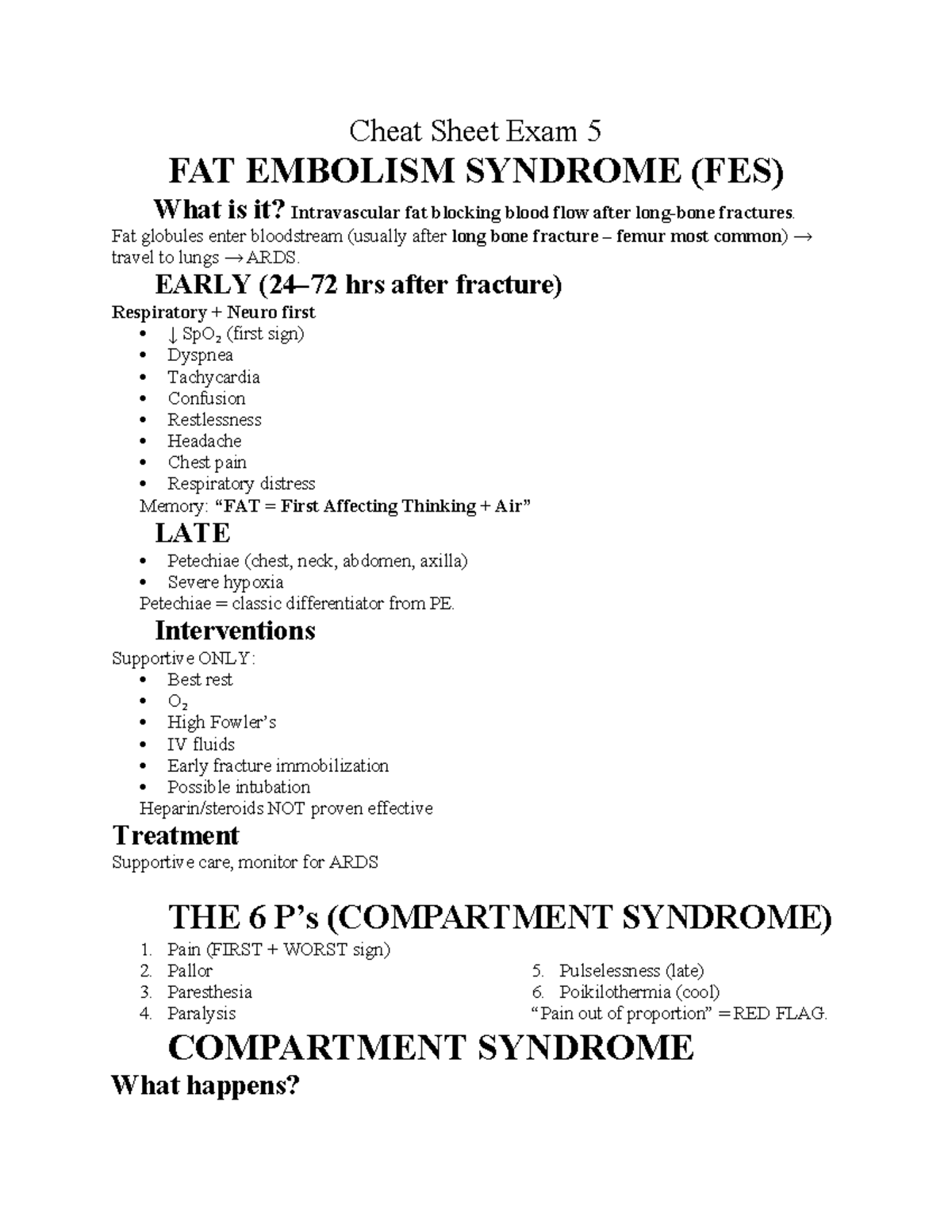 Study Guide Exam 5: Fat Embolism Syndrome & Compartment Syndrome ...
