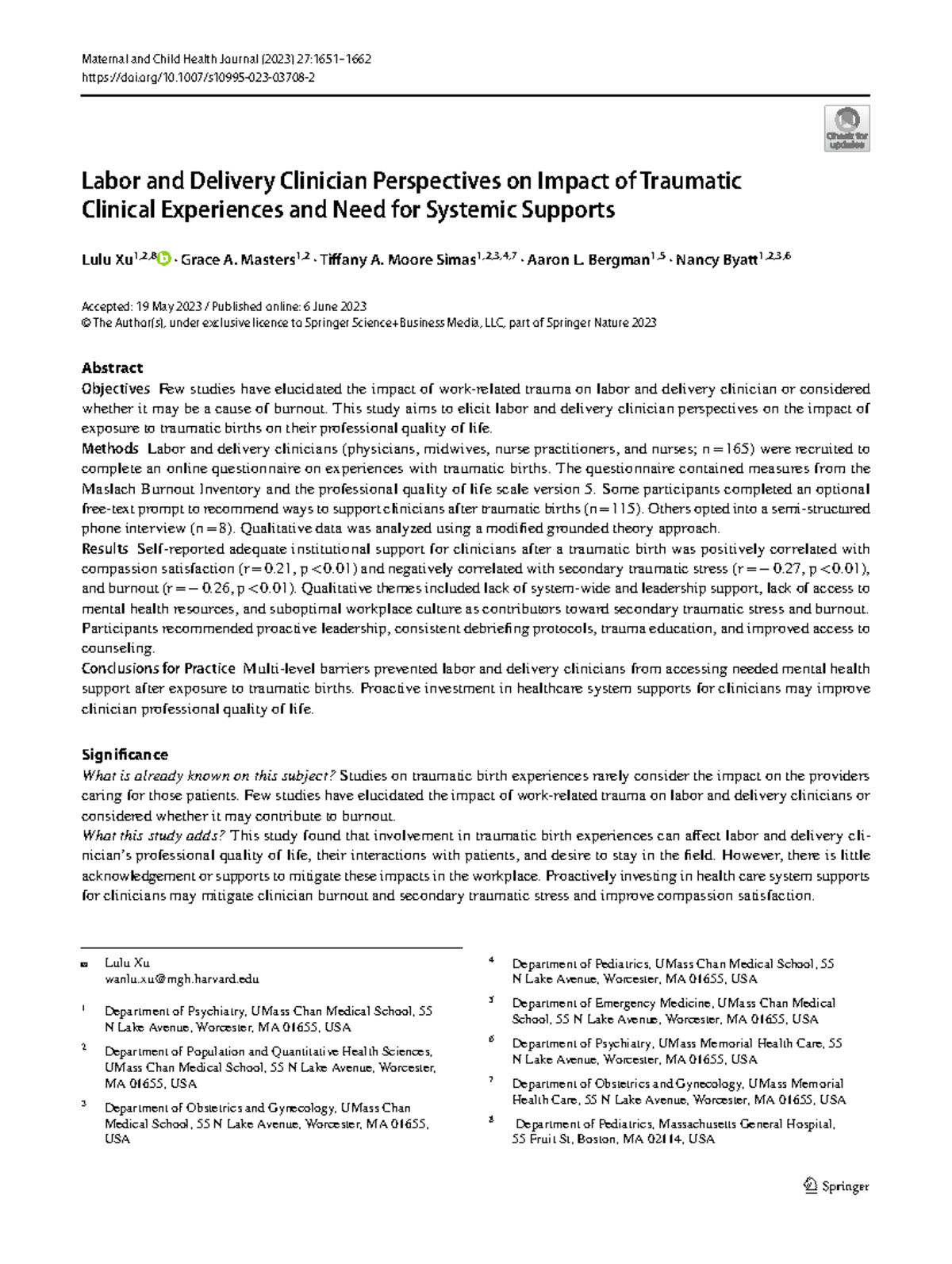 Labor and Delivery Clinicians' Perspectives on Trauma and Support Needs ...