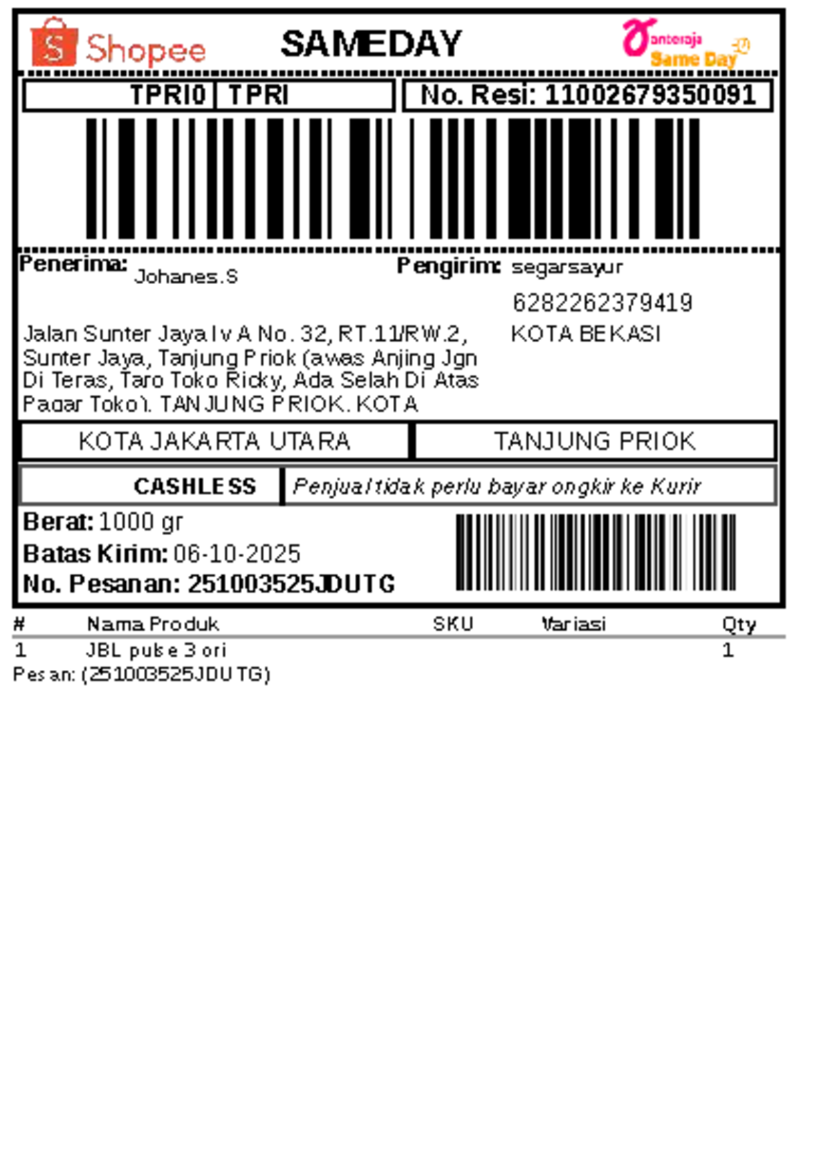 Label Pengiriman - Ajsj - SAMEDAY KOTA BEKASI No. Pesanan ...
