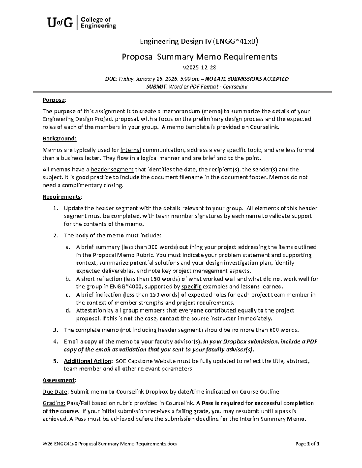 W26 ENGG41x0 Engineering Design IV Proposal Memo Guidelines - Studocu