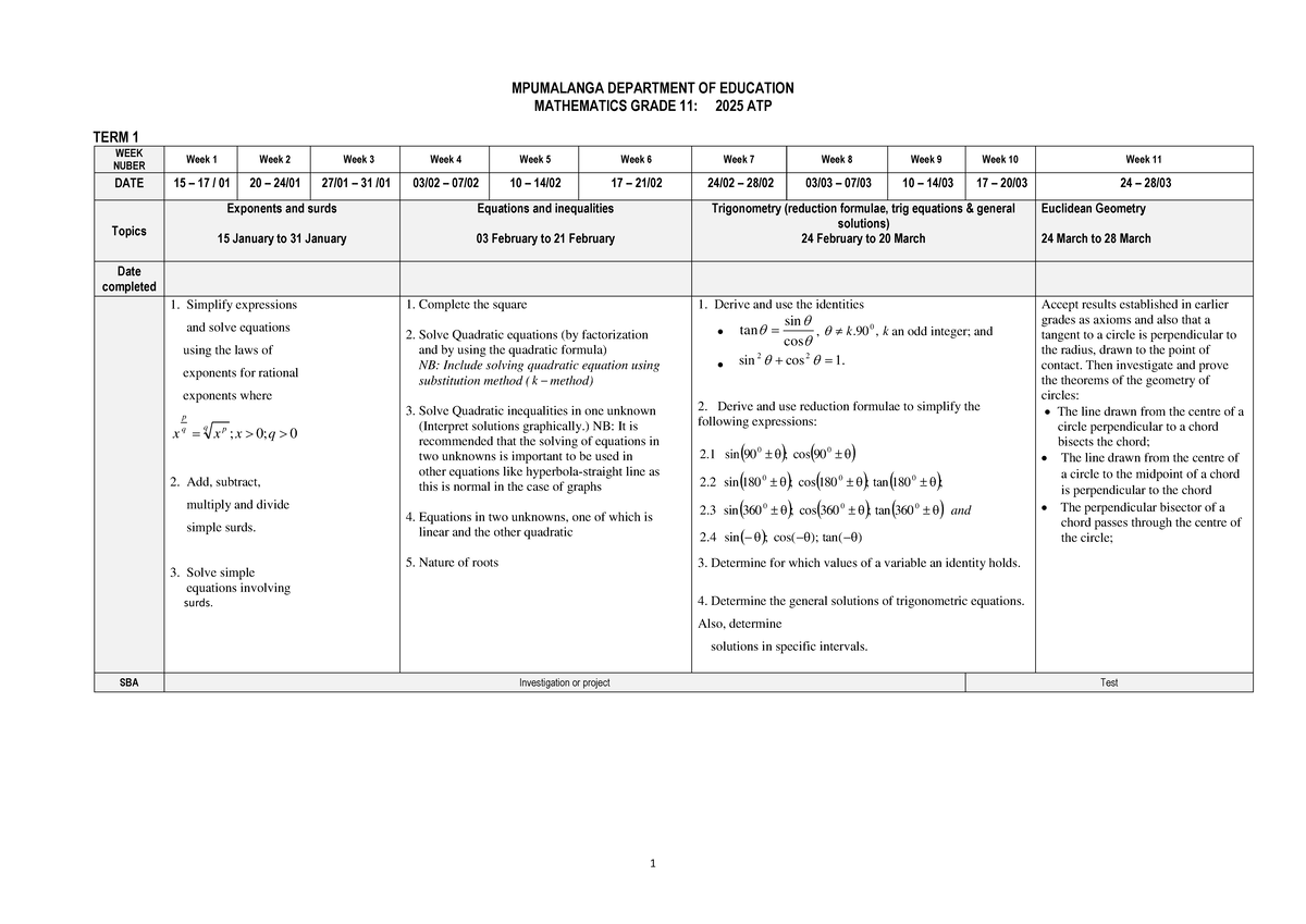 Final Grade 11 Maths ATP 2025 Term 1 & 2 Overview and Revision - Studocu