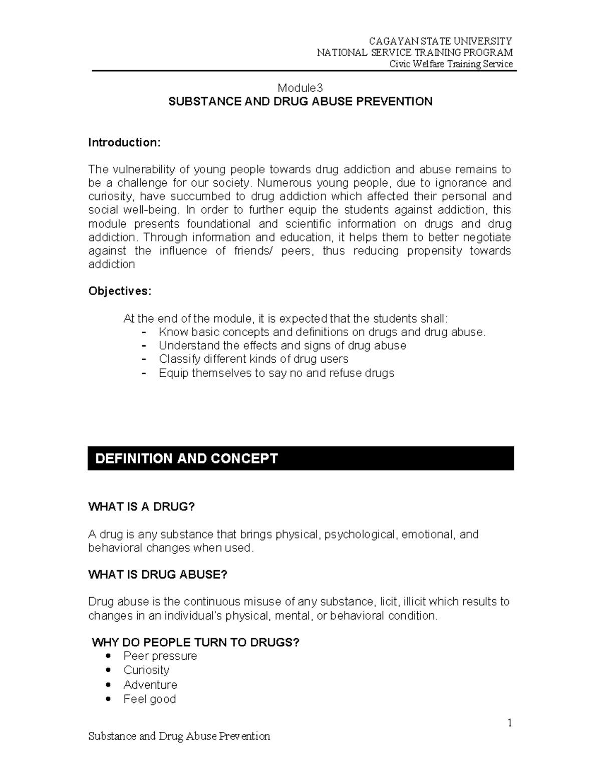 Module-3-DRUG- Awareness - NATIONAL SERVICE TRAINING PROGRAM Civic ...