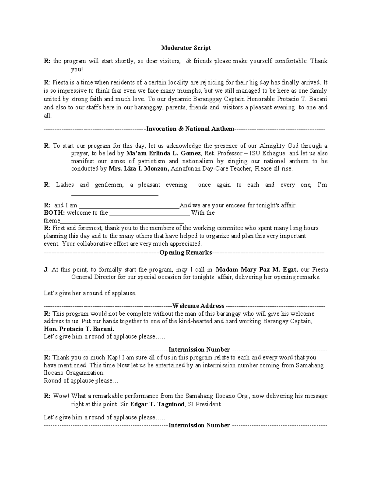 Baranggay Fiesta - Script - Moderator Script R: the program will start ...