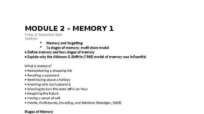 Module 2 - Cognitive Notes on Memory and Forgetting - Studocu