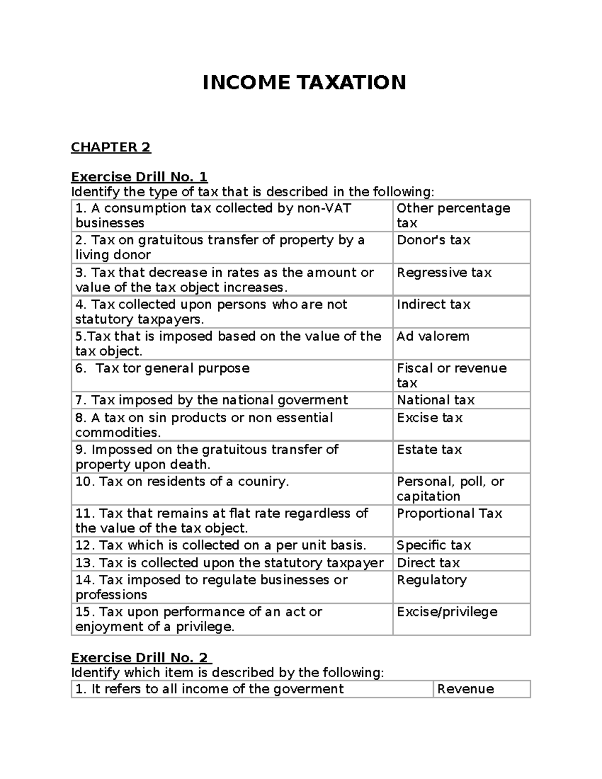 INCOME TAXATION CHAPTER 2 Exercise Drills and Tax Classifications - Studocu