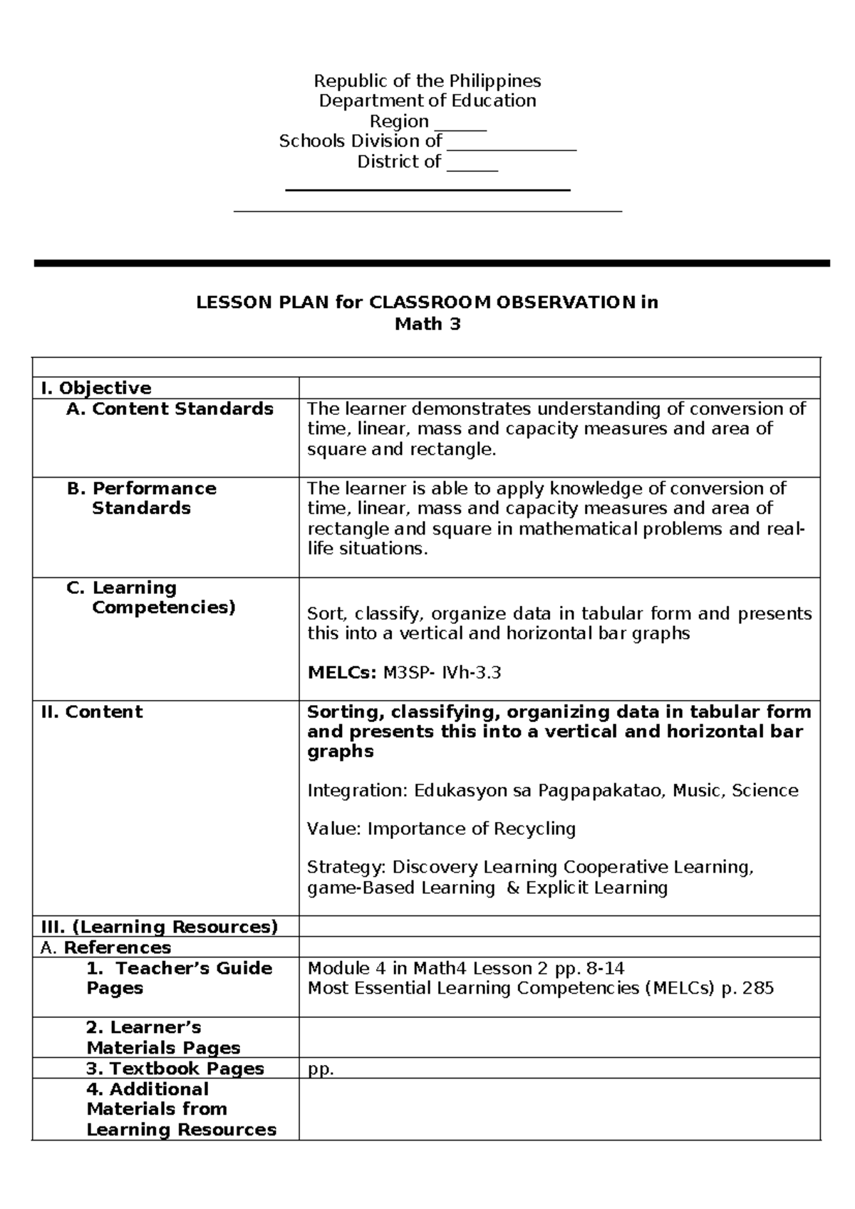 DLP - MATH 3 - Lesson Plan on Data Sorting and Graph Construction - Studocu