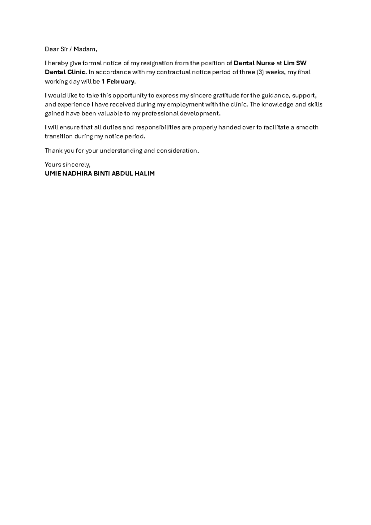 Resignation Notice - Dental Nurse Position at Lim SW Dental Clinic ...