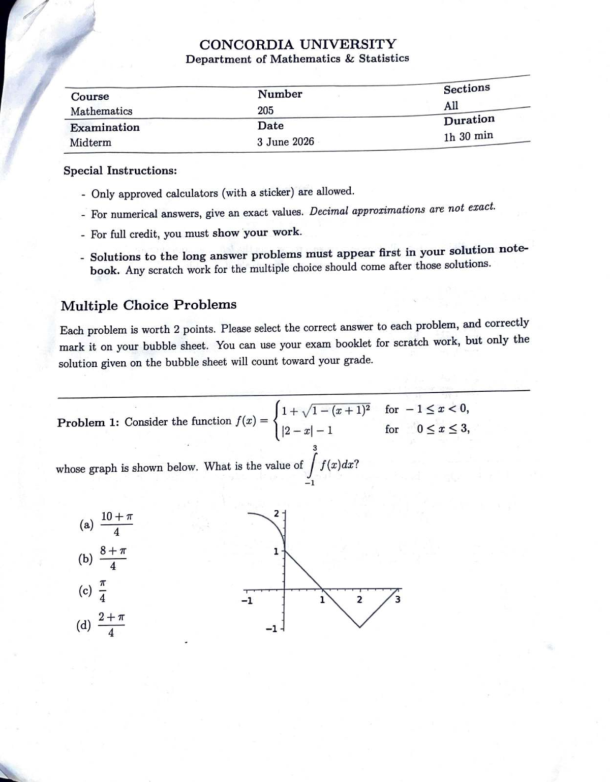 2026 MATH 205 Midterm Exam Guidelines and Sample Problems - Studocu
